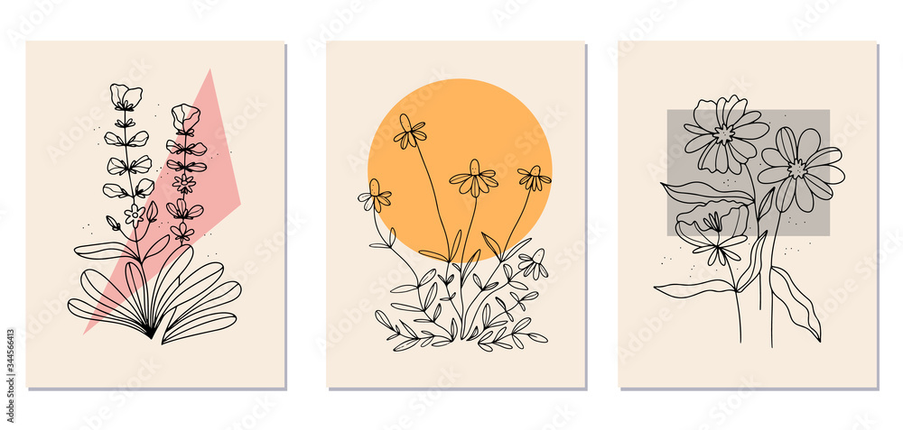 Linear flowers. Wildflowers in lines. Vintage style . Set of the linear ...