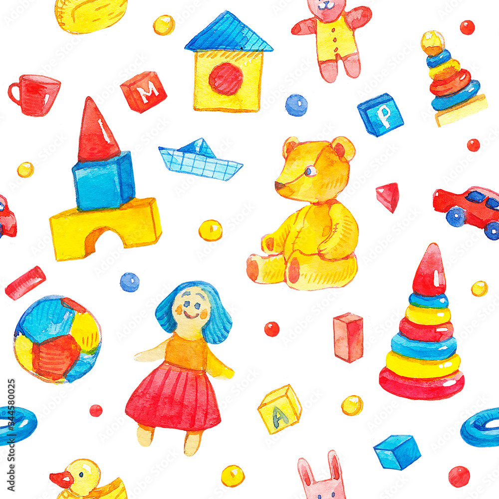 Kids toys watercolor, bright seamless cartoon baby background. Blue ...