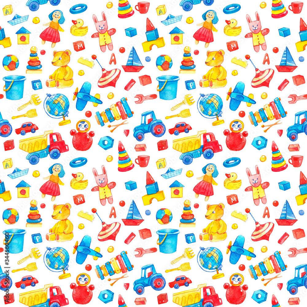 Kids toys watercolor, bright seamless cartoon baby background. Blue ...