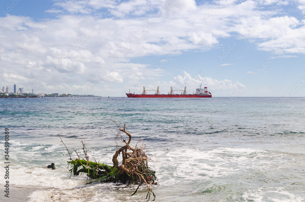 cargo ships arriving at the port of Haina in Santo Domingo, view of the ...
