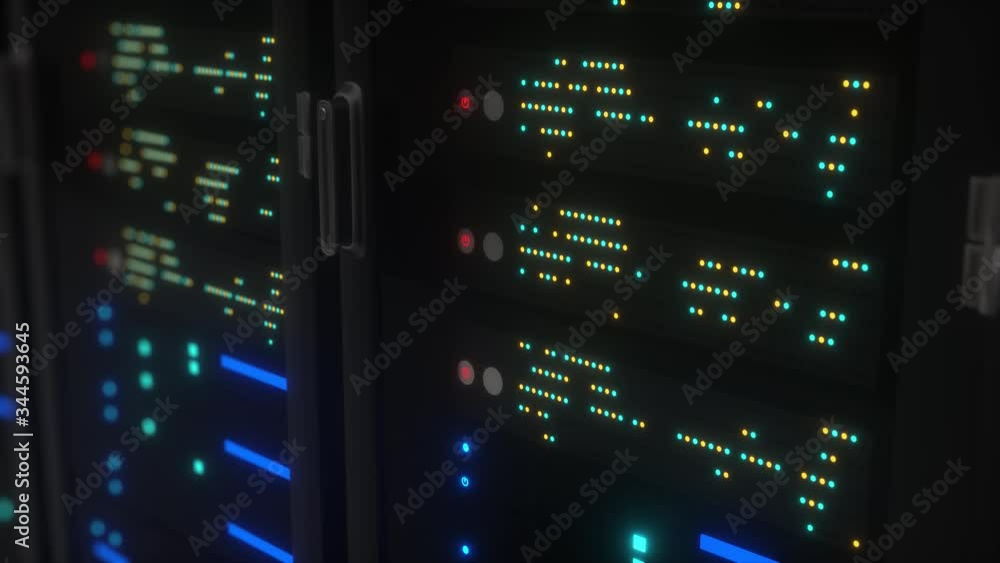 Network and data powerful servers behind glass panels in a server room of a data center or ISP ...