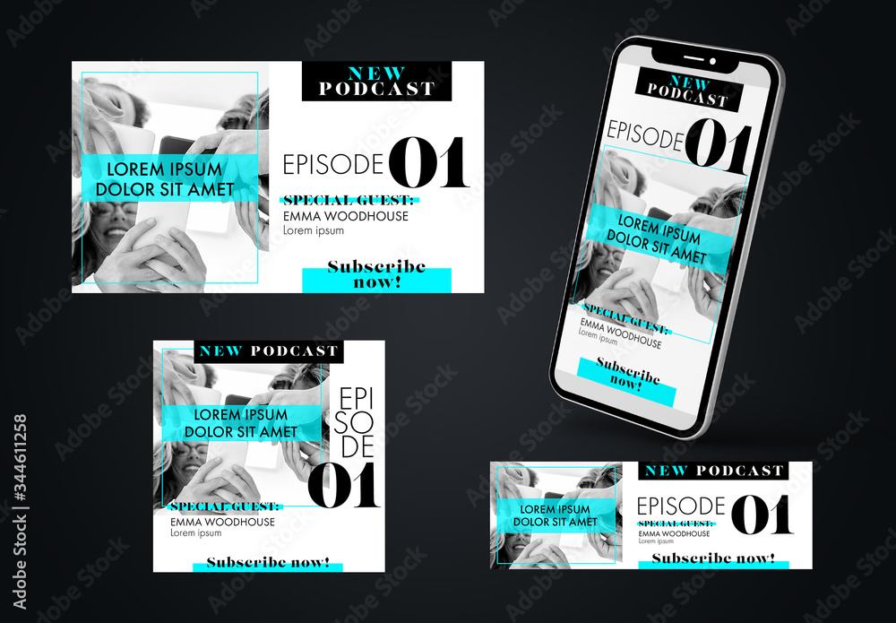 Minimalist Podcast Social Media Layout Kit with Black and Blue Accents ...