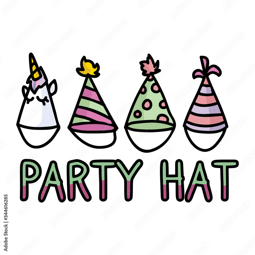 Cute cartoon party hat set vector clipart. Kawaii hand drawn birthday ...