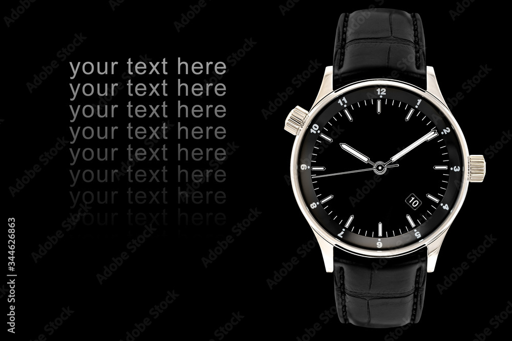 expensive luxury classic modern gold watch. gold case, black crocodile ...