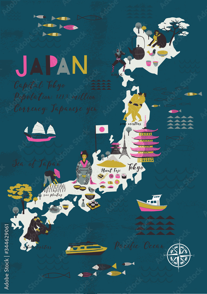 Cartoon Map of Japan. Print Design Stock Vector | Adobe Stock