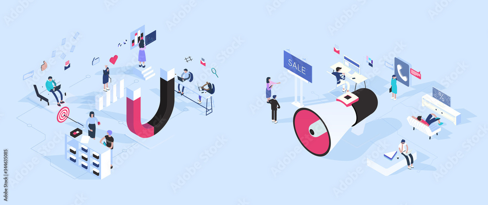 Inbound vs outbound marketing concept vector illustration in isometric ...
