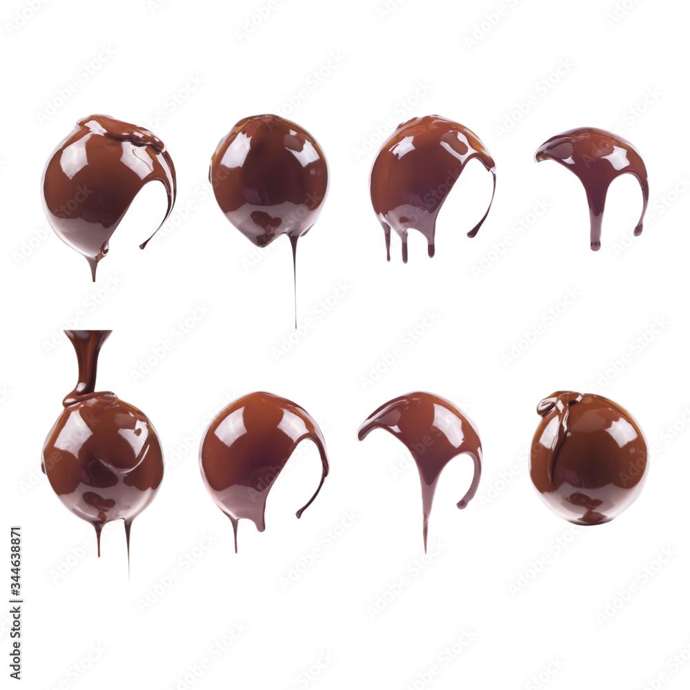 Sweet dark chocolate drips. Melted chocolate coating. Liquid chocolate ...