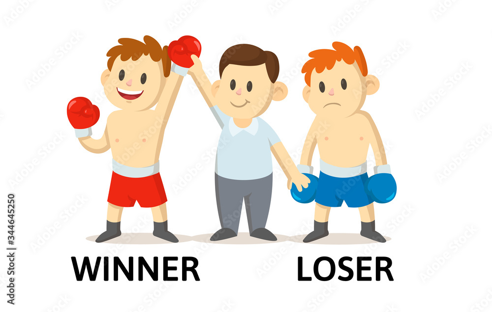 Words WINNER and LOSER flashcard with text cartoon characters. Opposite ...