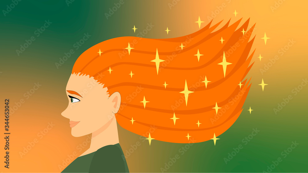 Cartoon profile of beautiful young woman with long healthy red hair ...