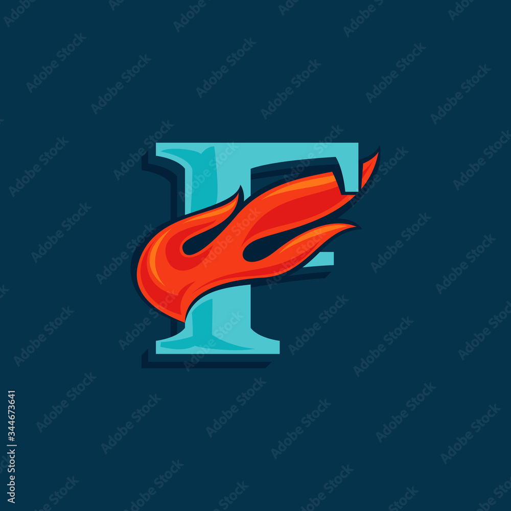 Letter F logo with fast speed fire. Vintage serif font with line shadow ...