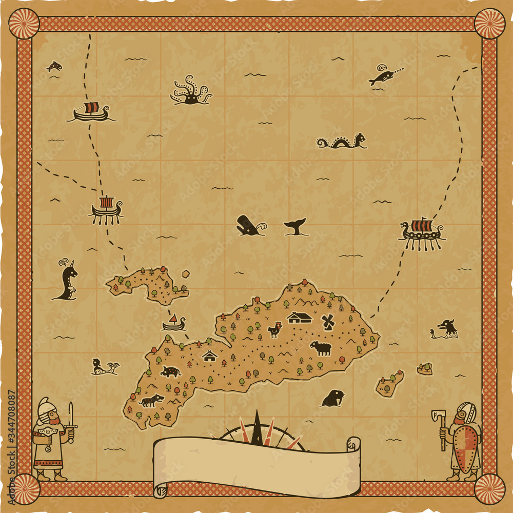 Ancient viking expedition map with sea creatures, a settlement, whales ...