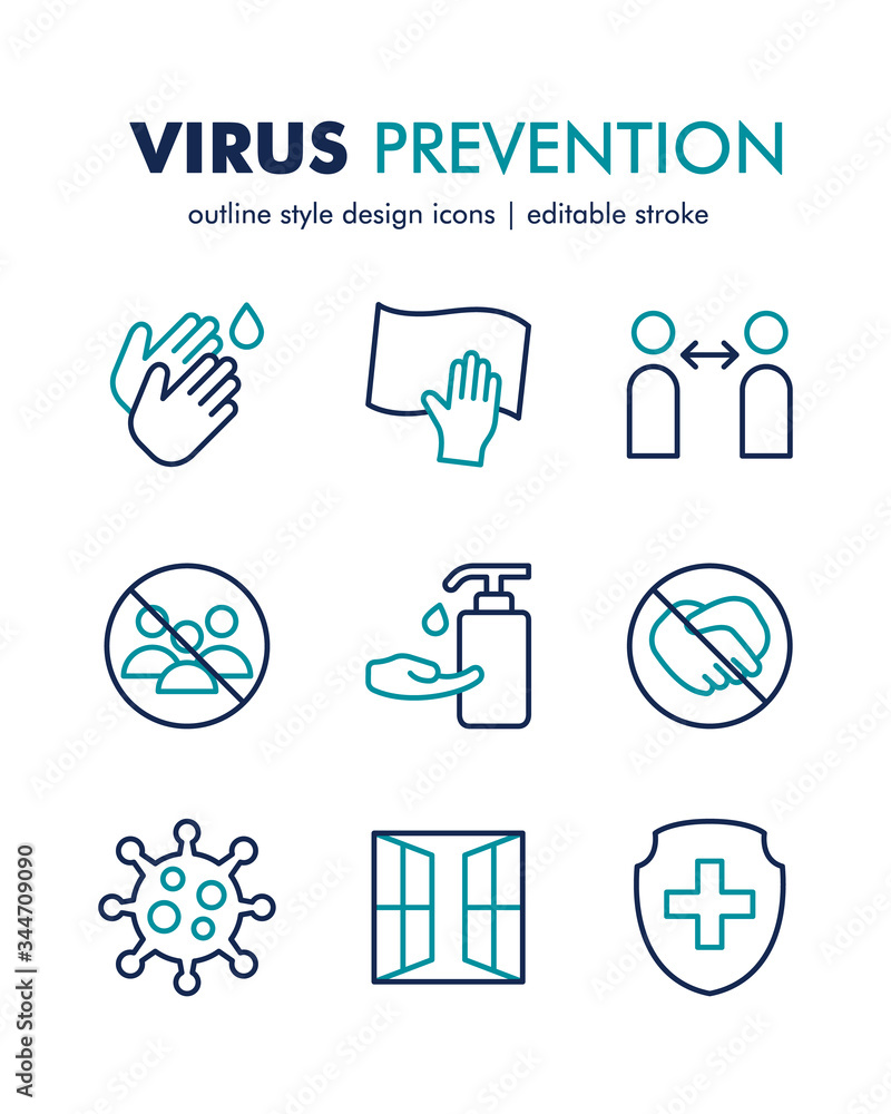 Set of virus prevention tips vector icons. Contains such Icons as hand ...