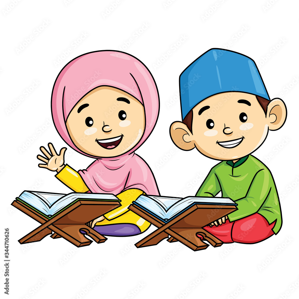 Cartoon of boy and girl Muslim recite the Quran Stock Vector | Adobe Stock