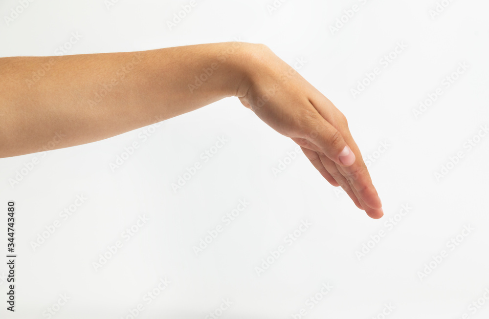 Hand with synovial cyst - ganglion on wrist of brunette person on white ...