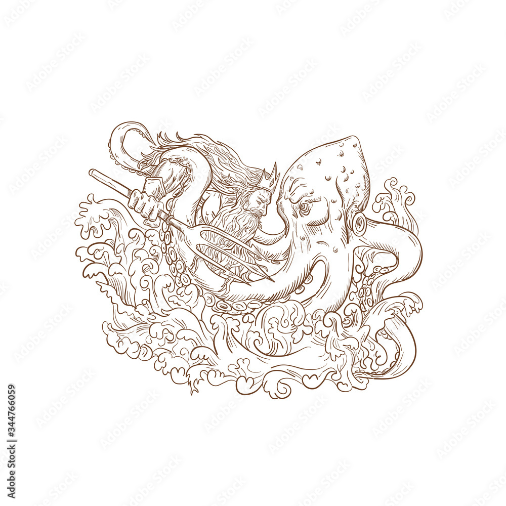 Drawing sketch style illustration of Roman god Neptune or Poseidon ...