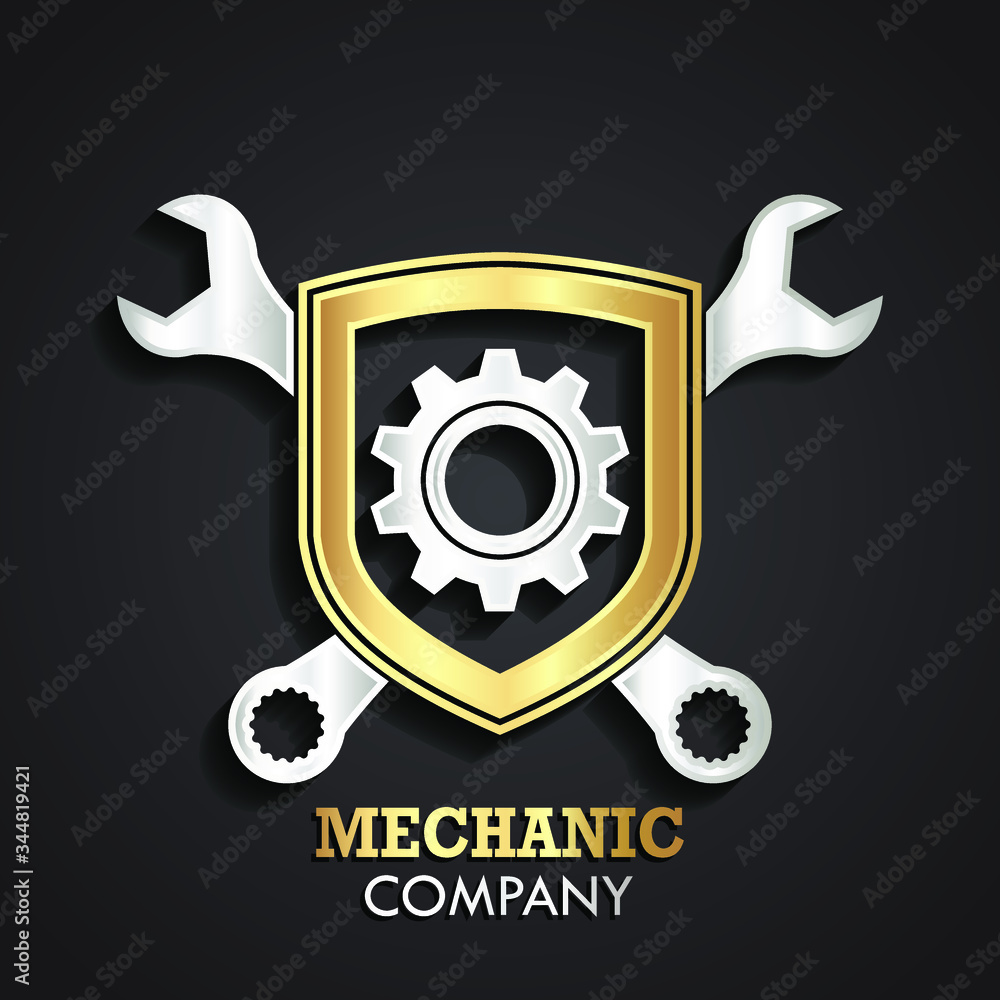 3d silver gold mechanic theme logo with shield gear and wrench Stock ...