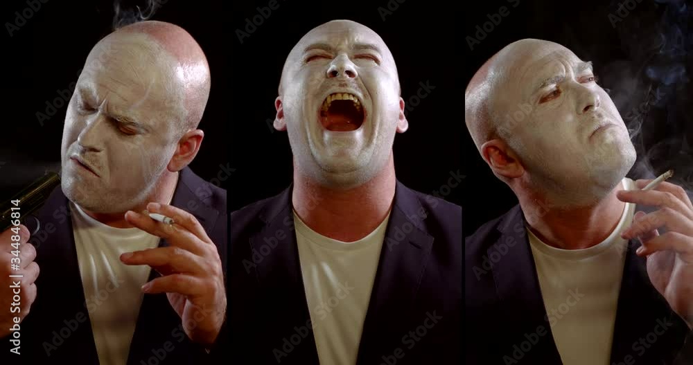 A collage of portraits of a bald crazy man in a jacket with makeup in ...