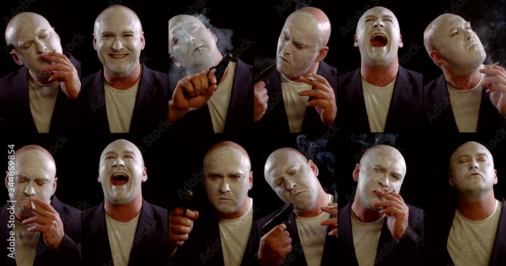 A collage of portraits of a bald crazy man in a jacket with makeup in ...