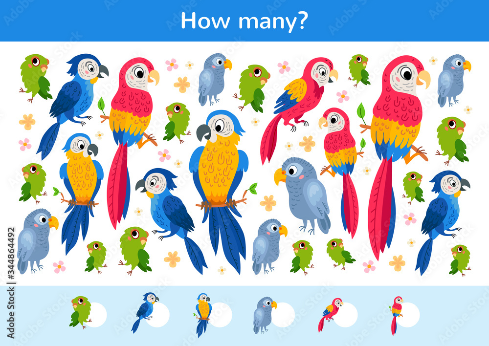 Counting children game of a tropical parrots. Stock Vector | Adobe Stock