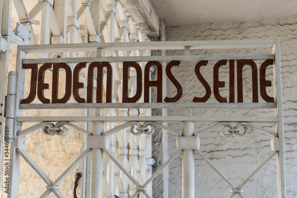 Entrance gate to the Buchenwald concentration camp with the historical ...