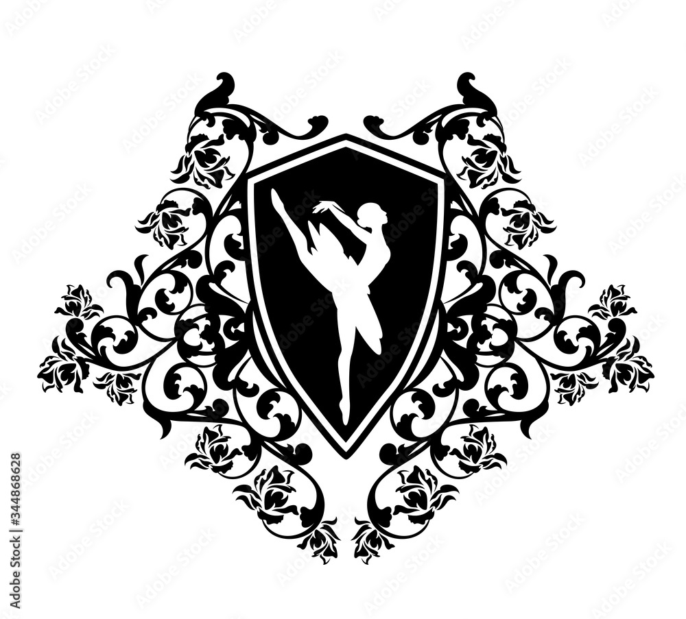 ballerina girl inside heraldic shield with rose flowers - ballet dancer ...