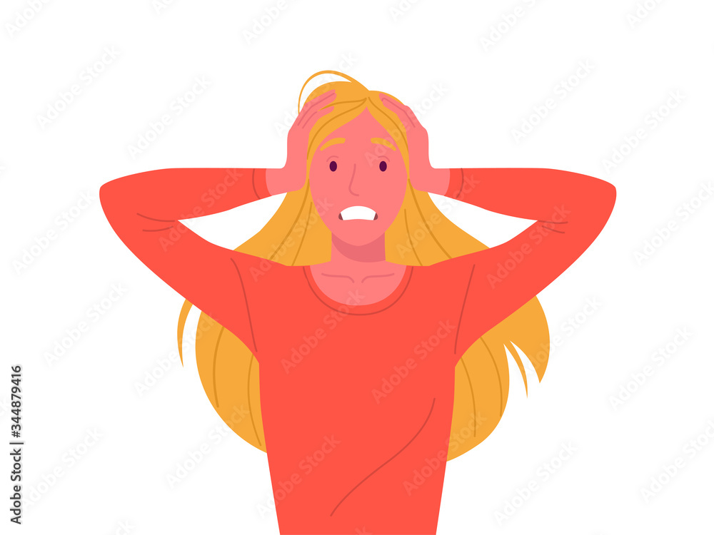 Woman in panic. Vector illustration of young attractive cartoon blonde ...