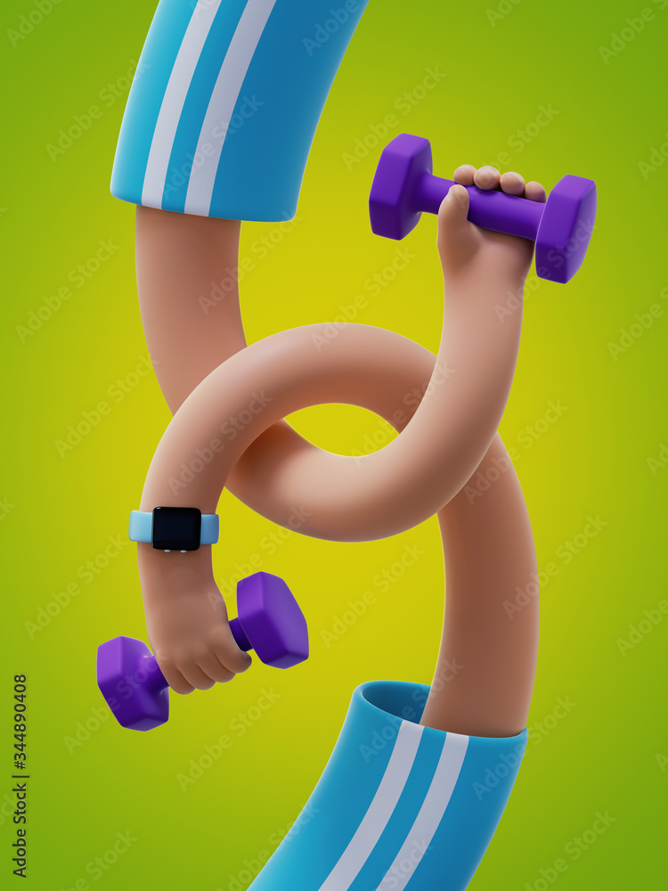 3d render cartoon flexible body parts. Hands hold dumbbell isolated on ...