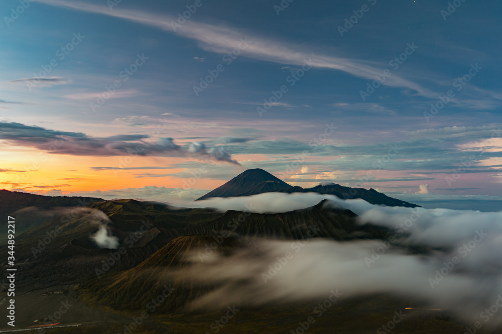 Sunrise View of the active volcano Bromo and Semeru in West Java in ...