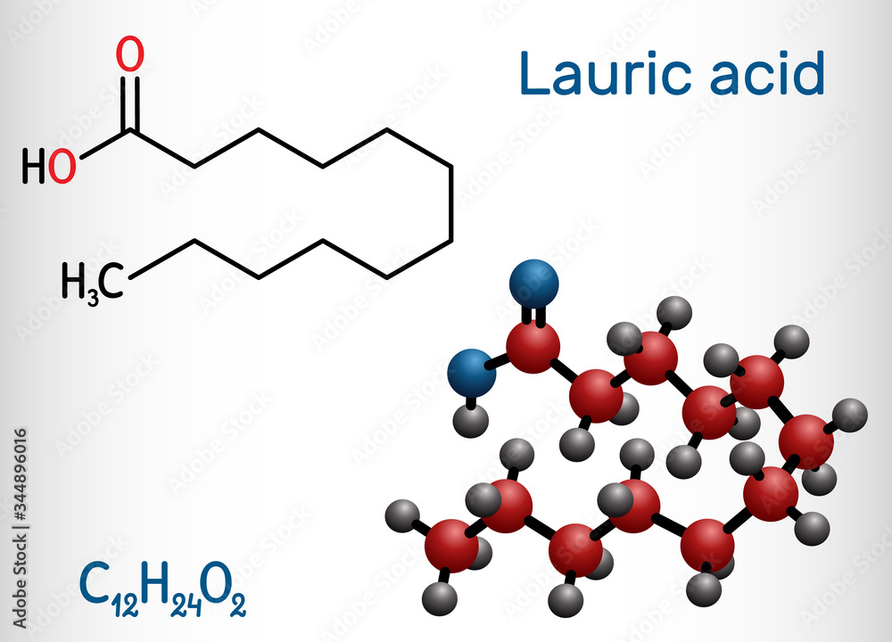 Lauric acid, dodecanoic acid, C12H24O2 molecule. It is a saturated ...