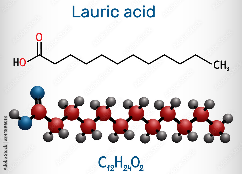 Lauric acid, dodecanoic acid, C12H24O2 molecule. It is a saturated ...