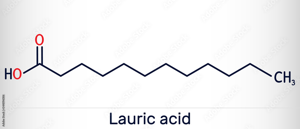 Lauric acid, dodecanoic acid, C12H24O2 molecule. It is a saturated ...