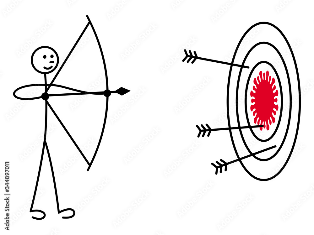 Cartoon man shooting an arrow from a bow at a target with a coronavirus ...