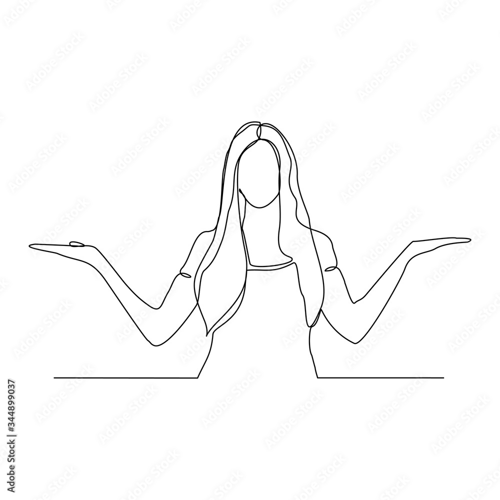 Continuous line drawing of standing woman open palm hand gesture to ...