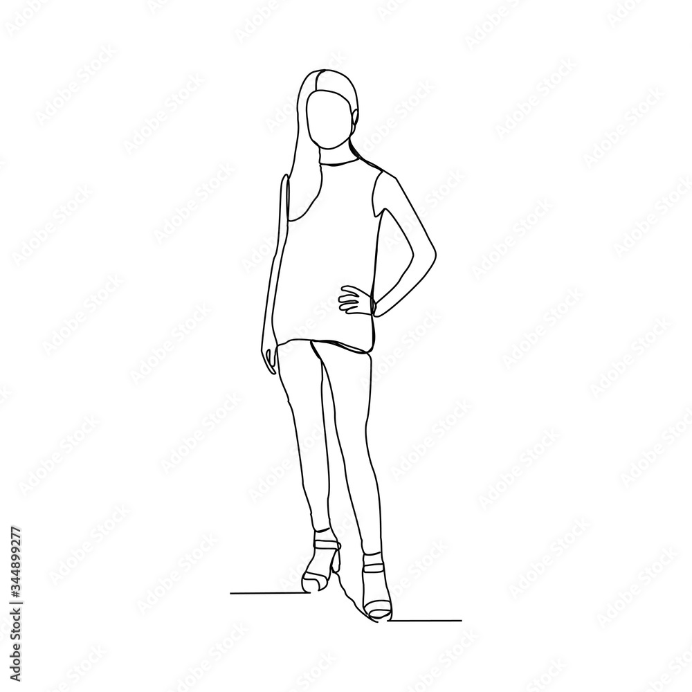 Continuous line drawing of standing woman gesture. Vector illustration ...