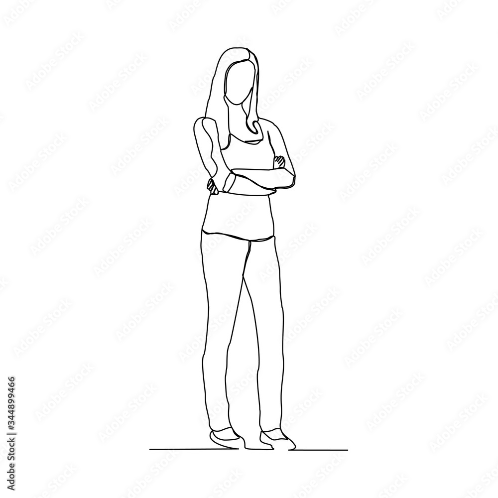 Continuous line drawing of standing woman crossing hand gesture. Vector ... Continuous line drawing of standing woman crossing hand gesture. Vector ...