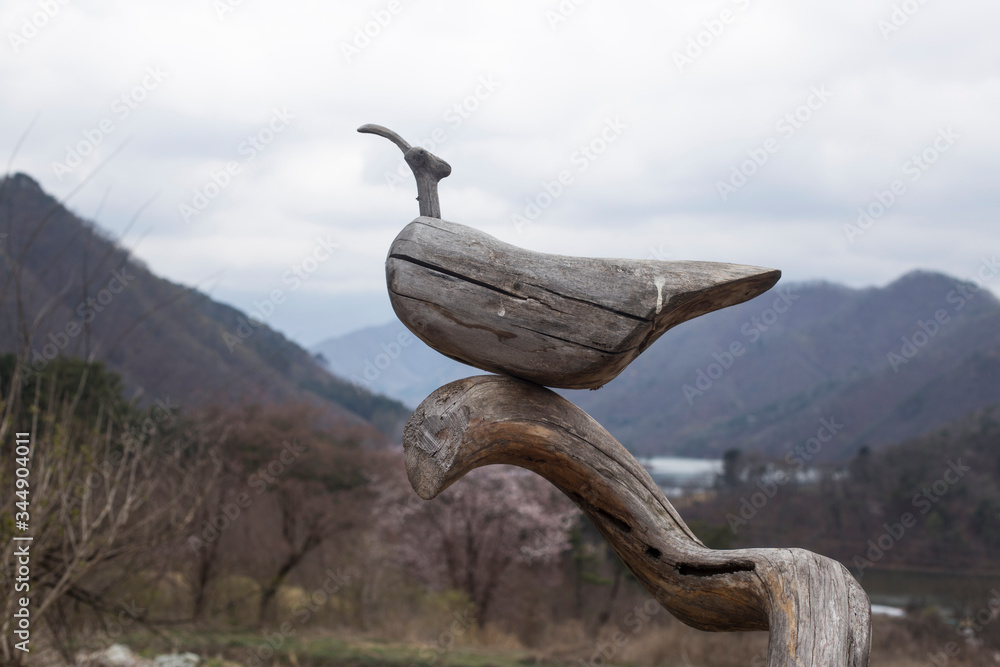 bird made of wooden pole signifying prayer for a good harvest. Korean ...