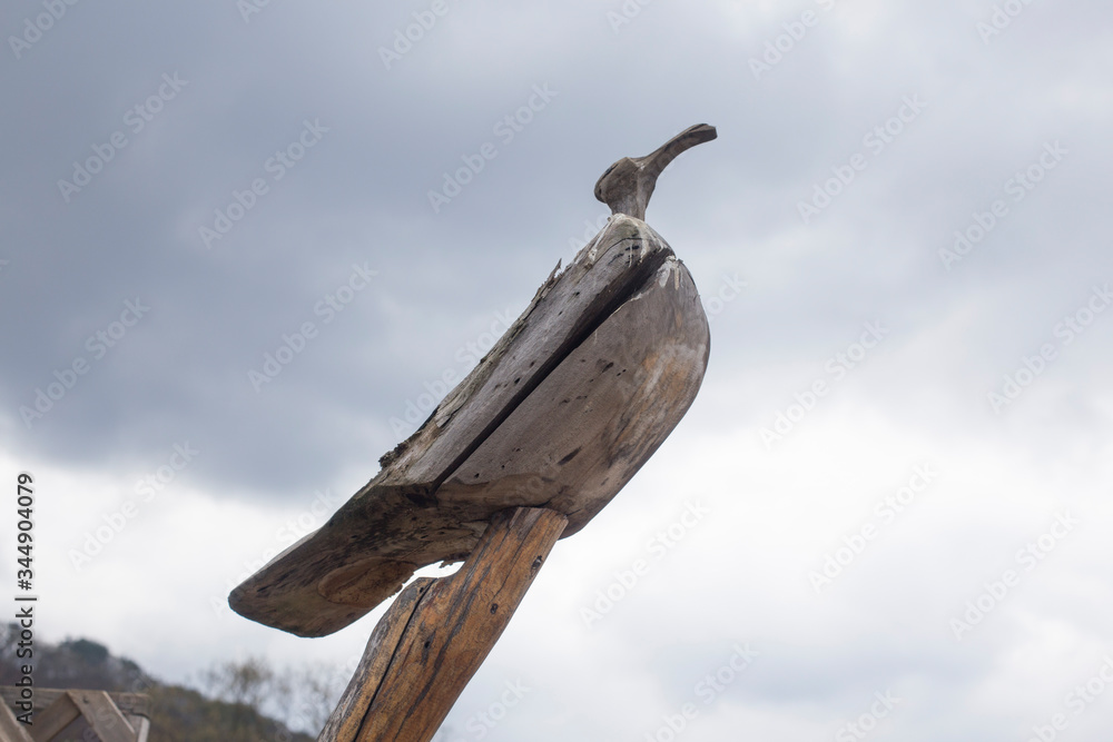bird made of wooden pole signifying prayer for a good harvest. Korean ...