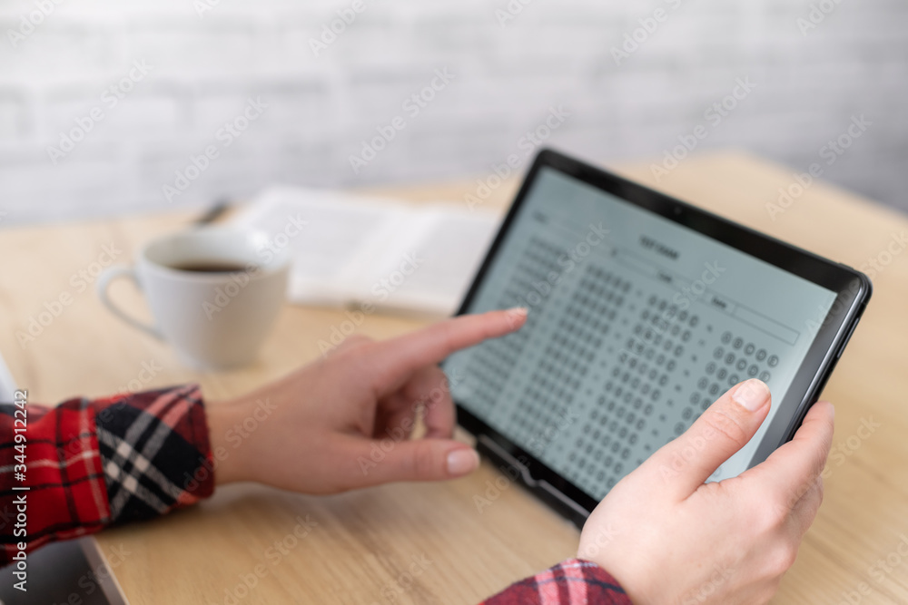 Online exam. girl student testing exercise. Examination test on the ...