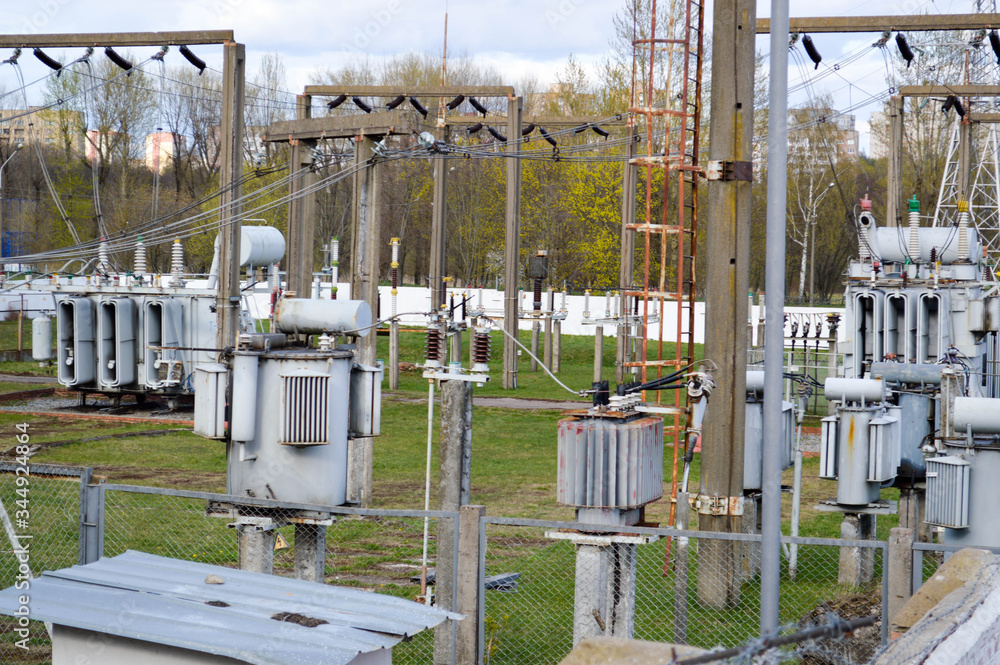 Large industrial iron metal transformer substation with transformers ...