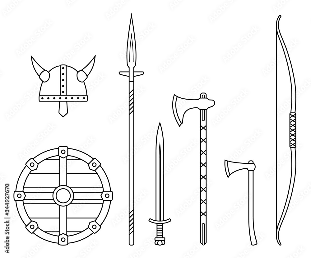 Viking weapons - old medieval shield, helmet, hatchet, sword, ax, axe ...