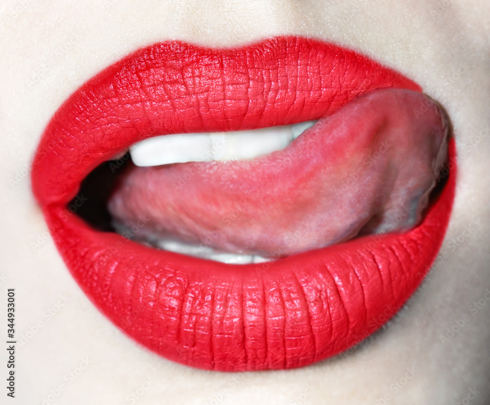 Seductive female lips. Sexy lips with tongue. Female painted lips. Red ...