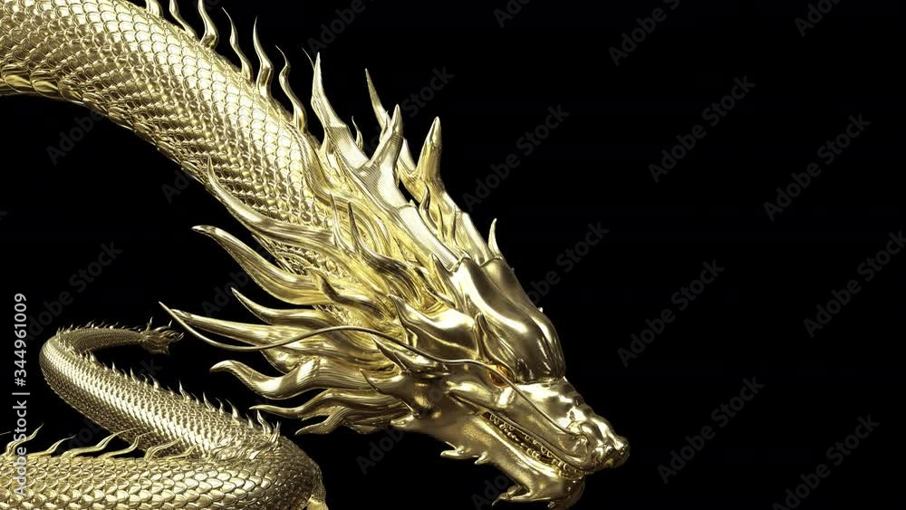 3D animation Gold Chinese dragon move slow down to target on the floor ...