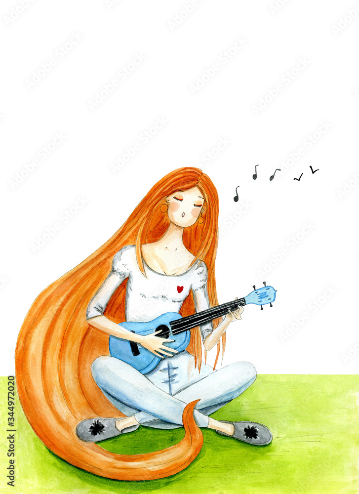 Watercolor illustration of cartoon girl with ukulele on a white ...