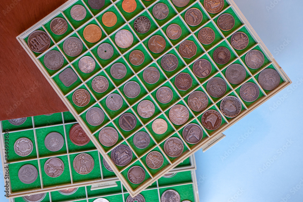 Numismatism wooden box with a collection of old, rare and expensive ...