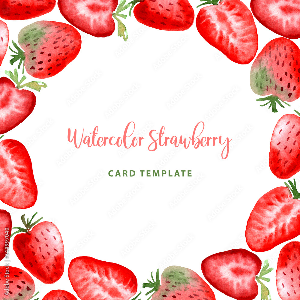 Watercolor Strawberry fruit berry frame round border card. Modern color ...