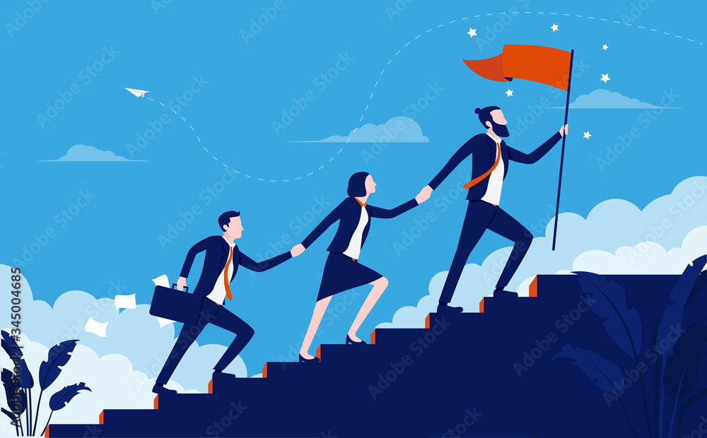 Teamwork success - Team of business people walking up staircase ...