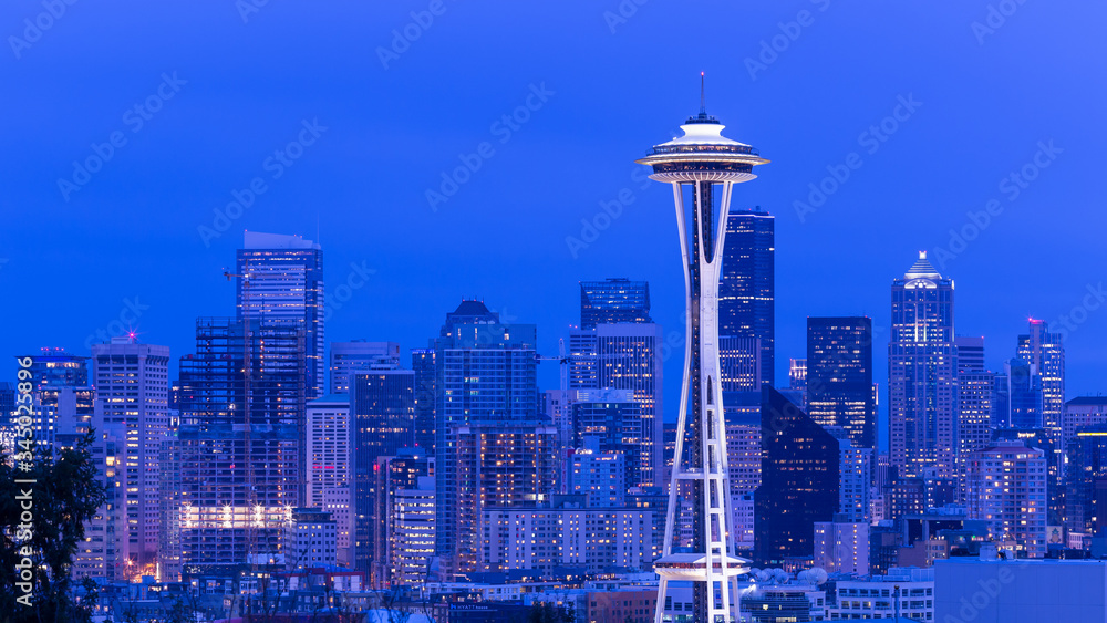 The Space Needle, Seattle Skyline, view from Kerry Park at night. It is ...