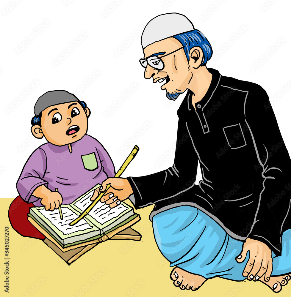 Cartoon Muslim kid learn Quran Stock Vector | Adobe Stock