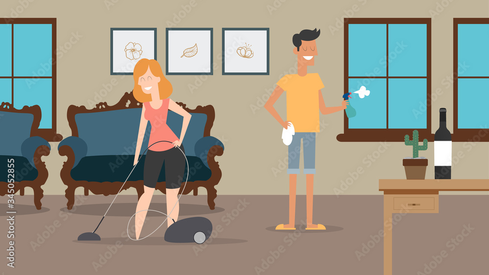 Funny couple cleaning house together cartoon vector illustration ...