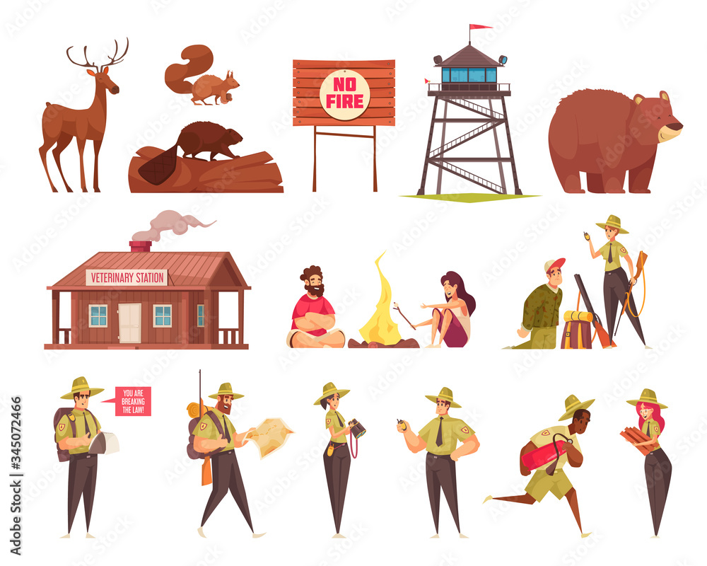 Forest Ranger Cartoon Icons Set Stock Vector | Adobe Stock